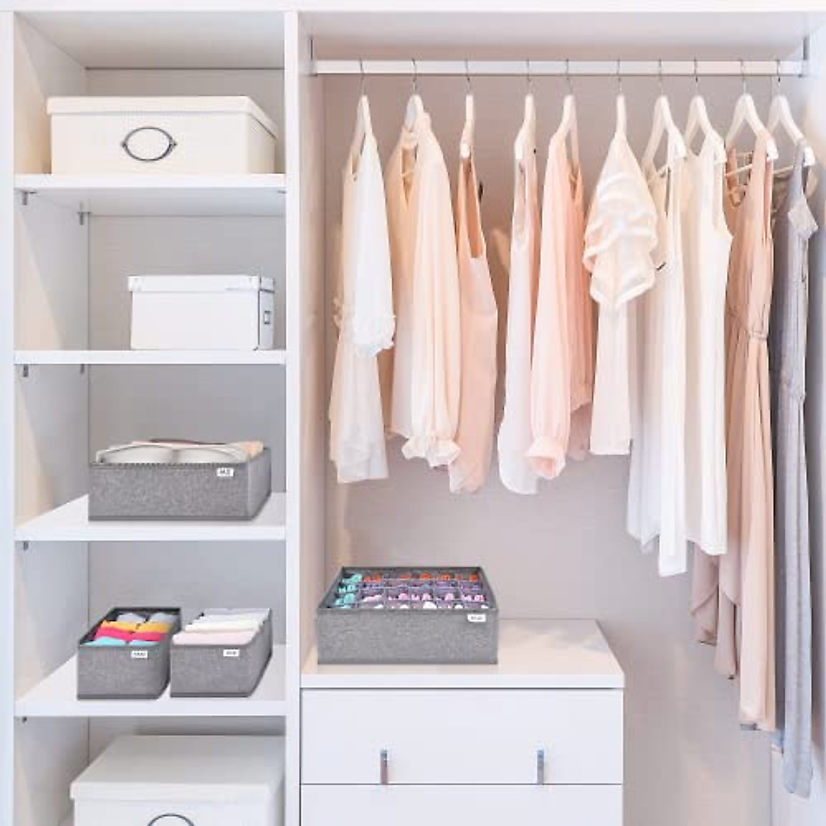 ULG 4 Pack Socks Underwear Drawer Organizer Divider,Washable Drawer Organizer Foldable Oxford Fabric Closet Organizers and Storage Boxes for Socks, Underwear, Belts (Light Grey), Large (UL421041502)