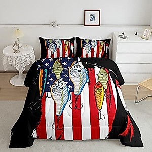 Fishing Comforter Set for Boys Girls American Flag Beding Set Red Grunge Stripes Print Duvet Insert Bass Fishing Comforter Fisherman Hunting and Fishing Small Fish Pattern Quilt Queen, 2 Pillowcases
