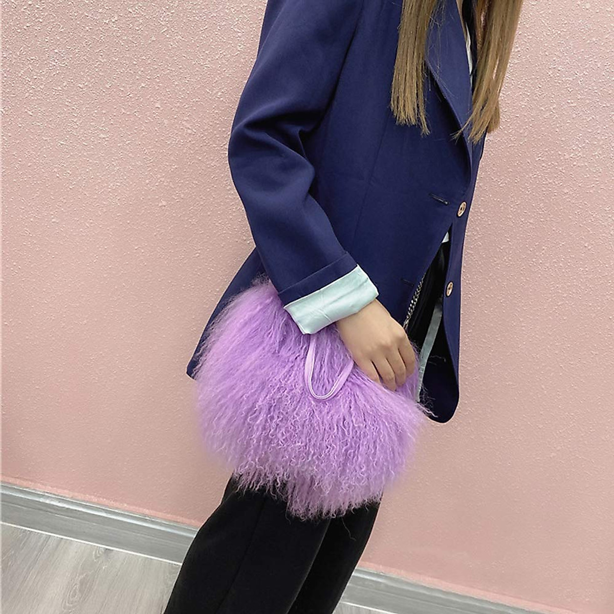 Real Mongolian Fur Luxury Lamb Fur Womens Girls Shoulder Tote Bags Lavender