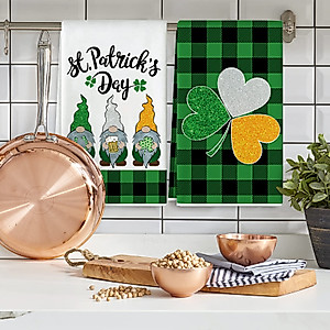 AnyDesign St. Patrick's Day Kitchen Towel 18 x 28 Inch Irish Color Gnome Shamrock Dish Towel 18 x 28 Inch Green Black Buffalo Plaids Hand Drying Tea Towel for Cooking Baking Cleaning Wipes, 2 Pack