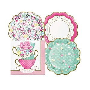 Floral Themed Tea Party Supply Pack Bundle Includes Paper Dessert Plates & Napkins for 16 Guests