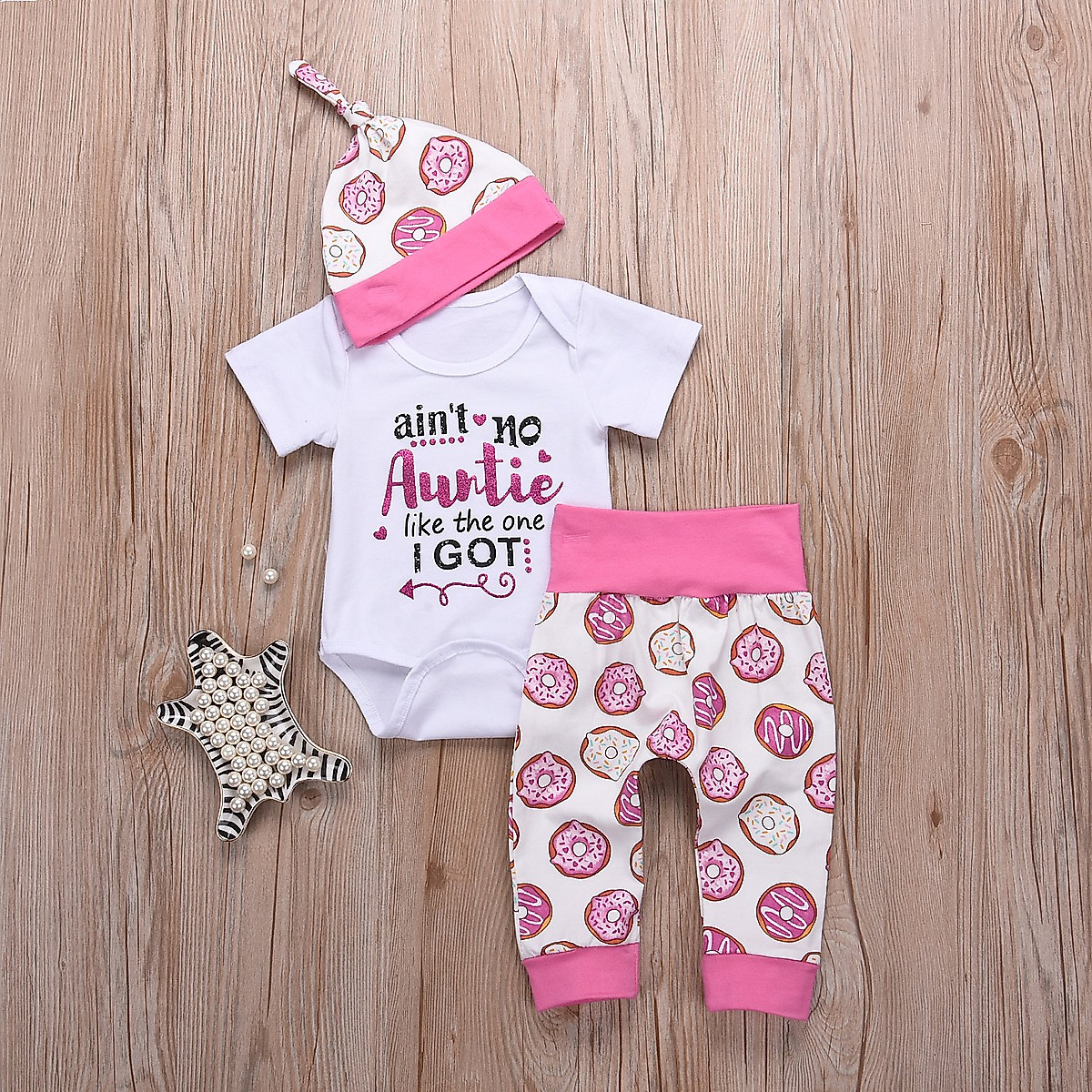 3Pcs/Set Newborn Baby Girls Outfit Auntie Bodysuit Romper with Headband+Donuts Long Pants Clothes Set (Pink, 0-6M)