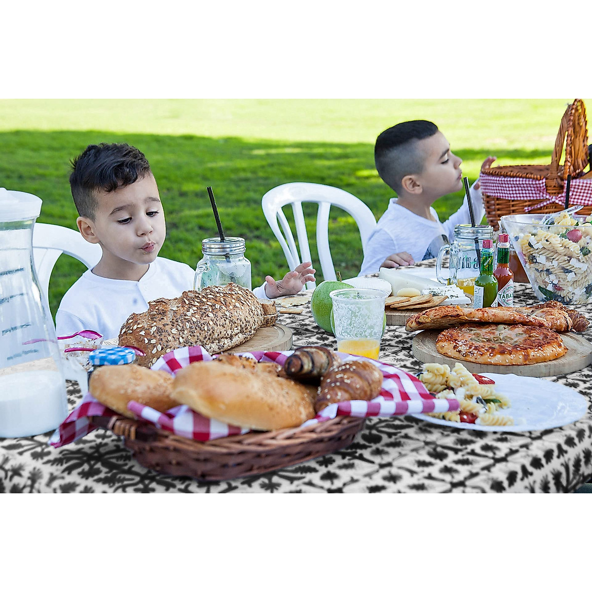 TopTableCloth 5 Foot 60 x 30 inch Black Patterned Tablecloth Elastic Corner Fitted Rectangular Folding Vinyl Table Cover Cloth Xmas Plastic Waterproof Picnic Party Home for Indoor and Outdoor Use