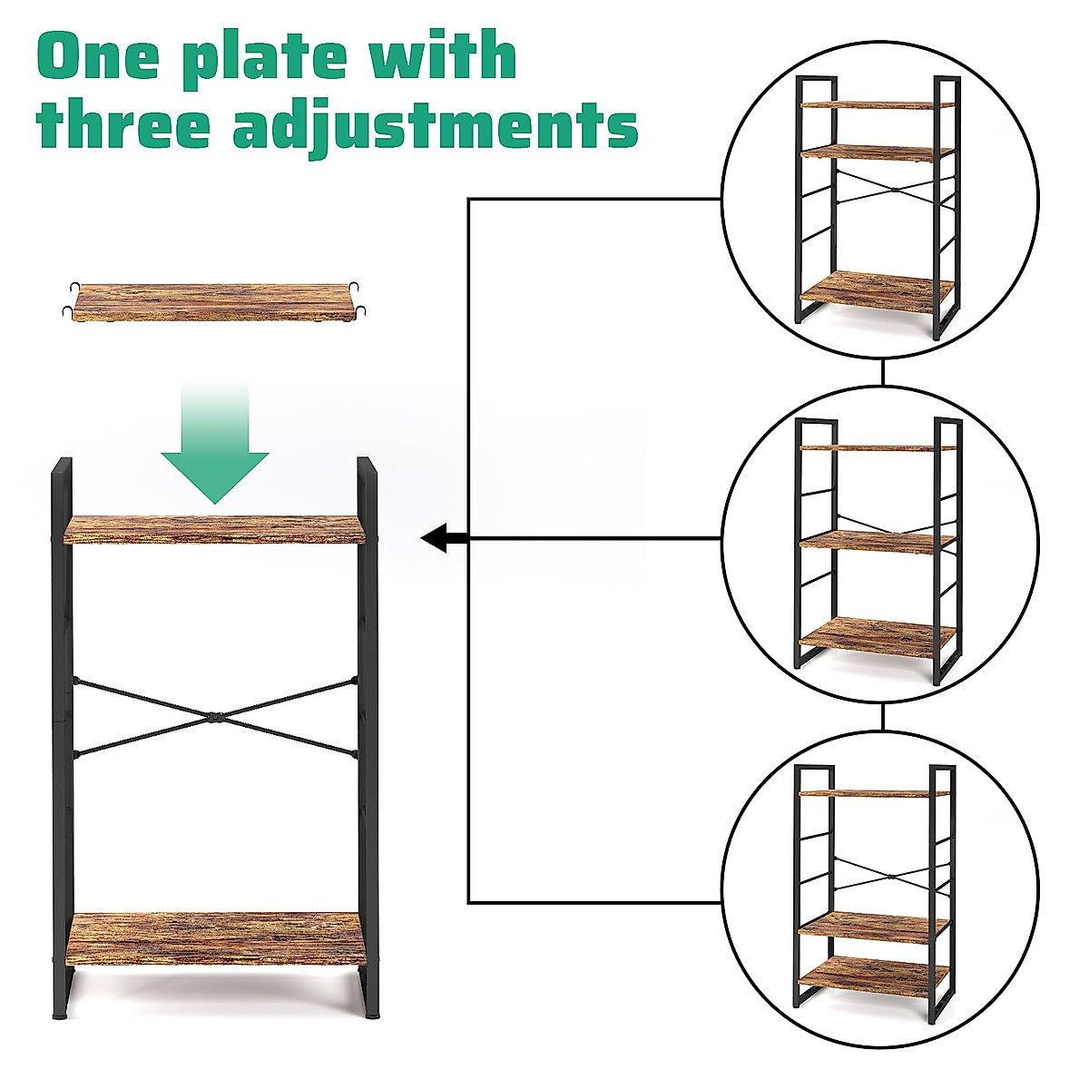 FERRIVISTA Small Bookshelf 3-Tier Bookcase, Metal Bookshelf for Study, Bedroom, Living Room and Kitchen, Height Adjustable (Brown)