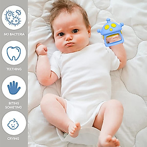 MUAECH Aliens Teething Toys for Babies 3-6 Months, Anti-Drop Silicone Baby Chew Toys for Sucking Needs, Baby Mitten Teether for Soothing Teething Pain Relief, BPA Free-Blue