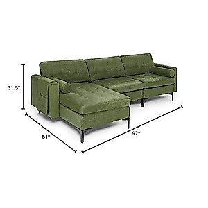 Giantex Sectional Sofa Couch with USB Ports, 3-Hole Socket, Hidden Storage Box, L-Shaped Modular Sofa with Reversible Chaise Lounge, 2 Side Bolsters for Living Room Bedroom Office