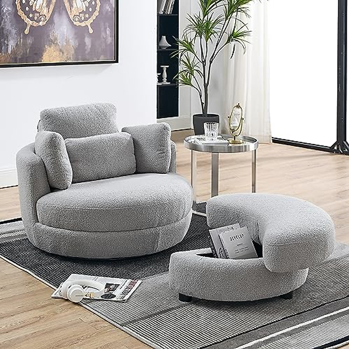 Swivel Accent Barrel Chair with Storage Ottoman,Comfy Teddy Upholstered 360° Recliner Sofa Club Chaise Leisure Round Lounge Armchair Singel Lazy Sofá Arm Chairs and Footrest Set for Living Room/Hotel