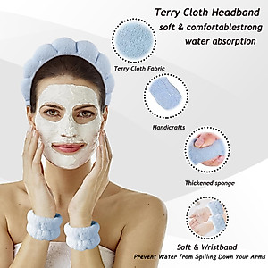 YANGYICHEN Spa Headband Makeup Headband for Washing Face 7pack, Face Wash Headband and Wristband Set - Puffy Terry Cloth Skincare Headband for Women and Girls, Blue