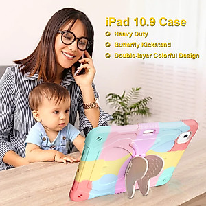 for iPad Air Case 5th/4th Gen 10.9 Butterfly Kickstand Pencil Holder, iPad Pro 11 Cases 3rd 2nd (2021/2020/2018) 2 in 1 Heavy Duty Rugged Cover Kids Girls for iPad Air 4th/5th（2022）/iPad Pro 11-Pink