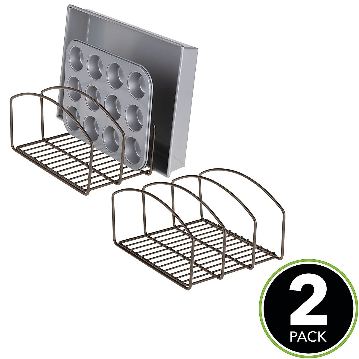 mDesign Steel Cookware Holder, Storage Organizer Rack with Three Slots for Kitchen Cabinet, Pantry, Holds Pans, Pots, Lids, Cookie Sheets, Cutting Boards - Concerto Collection - 2 Pack - Bronze