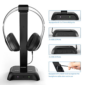 atolla Multifunctional Headphone Stand, USB Hub with Headphone Stand, Powered USB Hub with 6 USB Ports, 3.5mm AUX Ports with On/Off Switches, and 12V/2.5A Power Adapter