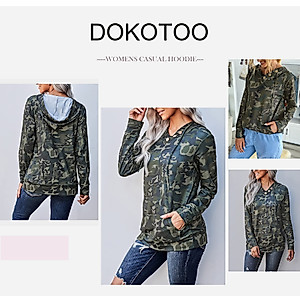 Dokotoo Ladies's Casual Camo Hoodies Long Sleeve Sweatshirt Drawstring V-Neck Pullover Loose Tops Shirts with Kangroo Pocket 2024 Fashion Fall Hooded Sweatshirt Green Large