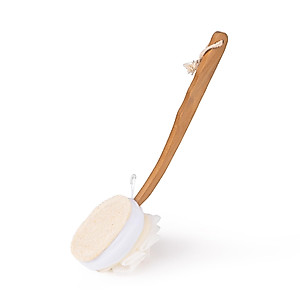 Shower Body Scrubber with Curved Long Handle, Dual-Sided Brush with Soft Mesh and Natural Loofah for Skin Exfoliating, Back Body Exfoliator for Bath