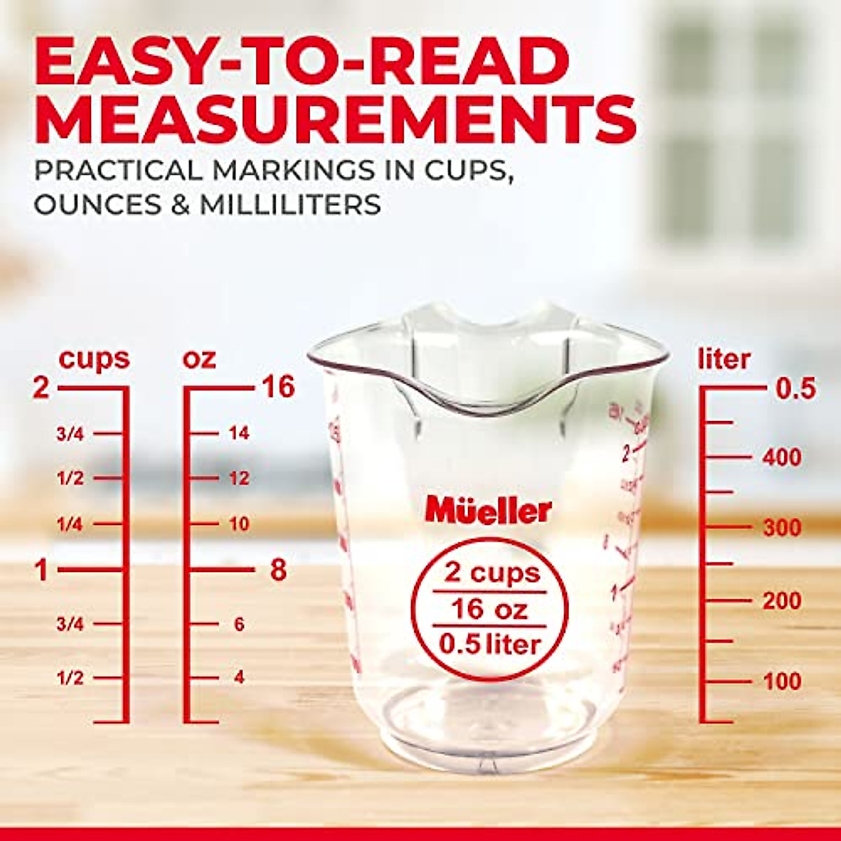 Mueller International Clear Measuring Cup Set – Two Piece Set 4 Cups/30 oz & 2 Cups/16 oz, Liquid and Dry Measuring Cups, Shutter-proof, European Made