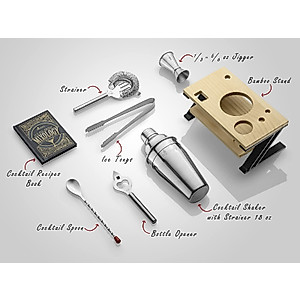 ROCKSLY MIXOLOGY BAR Set Premium Bartender Kit, Zig-Zag Tool Stand, 18 Oz Cocktail Shaker, Strainer, Jigger, Spoon, Tongs, Bottle Opener, Recipe Book