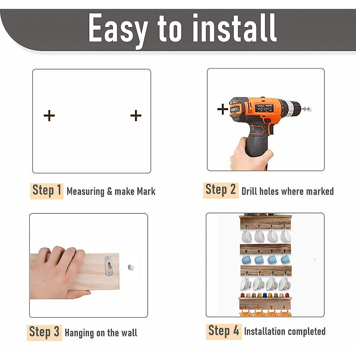 TRSPCWR Coffee Mug Rack with Storage Shelf, Rustic Wood Coffee Mug Holder Wall Mounted with 16 Hooks, Coffee Cup Holder for Mugs Tea Cups Display and Organizer, Set of 4