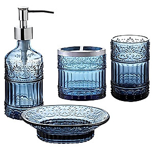 WHOLE HOUSEWARES | Premium Bathroom Accessory Set | 4-Piece Decorative Blue Glass Bathroom Decor Accessories Set | Soap Dispenser, Tray, Jar, Toothbrush Holder | Elegant Mosaic Glass (Blue)