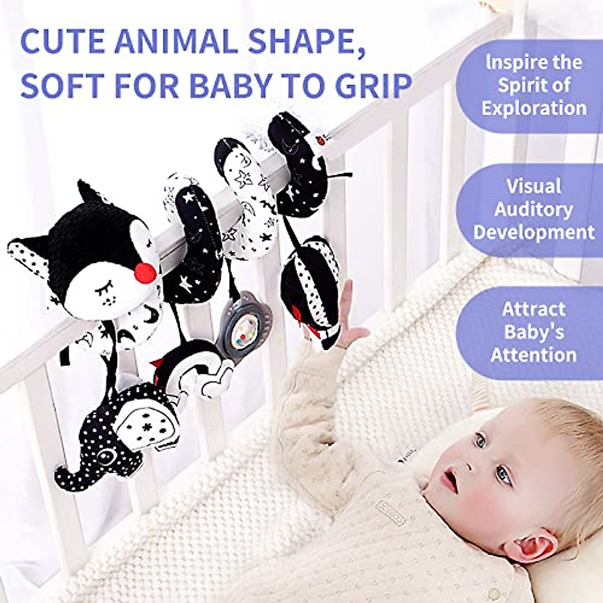 SAOTAENG Car Seat Toys, Infant Baby Black White Fox Stroller Toy Stretch & Spiral Activity Toy, Hanging Toys for Car Seat Crib Mobile, Newborn Sensory Toy Best Babies Gift for 0 3 6 9 12 Months