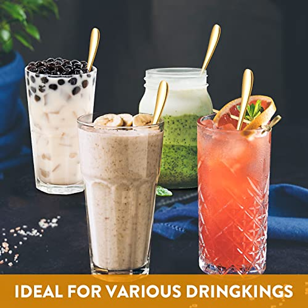 Gold Ice Teaspoons Set of 8 Pieces, 7.7 inch Long Handle Spoon, Stainless Steel Coffee Spoons, Cocktail Mixing Spoons, Mirror Polished Bar Spoon