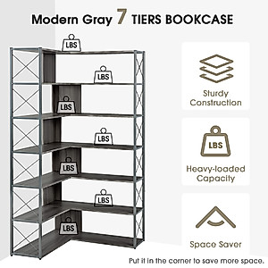 SHMAO 6-Tier Corner Bookshelf, L Shaped Bookshelves, Large Modern Tall Corner Bookcase, Industrial Standing Storage Open Display Rack Bookshelf, Rustic Bookcase for Home Office, Living Room(Grey)