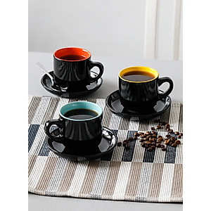 Teocera Porcelain Cappuccino Cups with Saucers - 6 Ounce for Coffee Drinks, Latte, Cafe Mocha and Tea - Set of 6, Black Multi Color