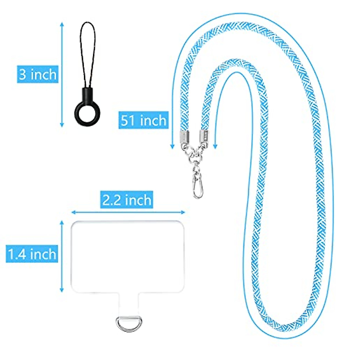 Cell Phone Lanyard Around the Neck, Crossbody Phone Strap with Ring Grip and Transparent Pad for Most Smartphones ID Badges Bagpack Keychain Camera Walking Hiking (BlueWhite, Long)