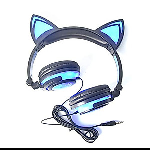 LIMSON Cat Ear Headphones for Kids, LED Light with USB Chargeable Foldable Earphones for ChildrenTeens Adults, Compatible for iPad, Tablet, Computer, Mobile Phone (Black&Blue)