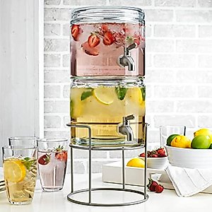 Set Of Two (2) 1 Gallon Each Stacked Quality Ice Cold Clear Glass Jug Beverage Dispensers With Metal Caddy Display With Easy Fill Spigot- Great For Outdoors, Parties, Bars & Daily Use