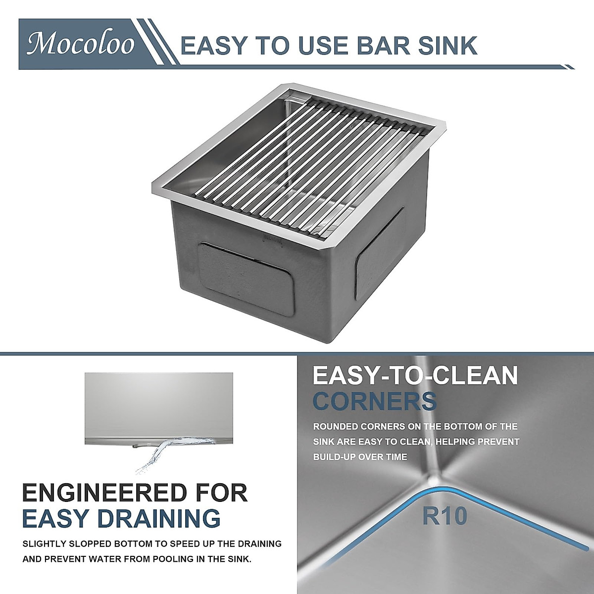 Undermount Bar Sink - Mocoloo 15 x 19 Inch Single Bowl Undermount Kitchen Sink 16 Gauge Stainless Steel Bar Prep Workstation 10" Deep Sinks