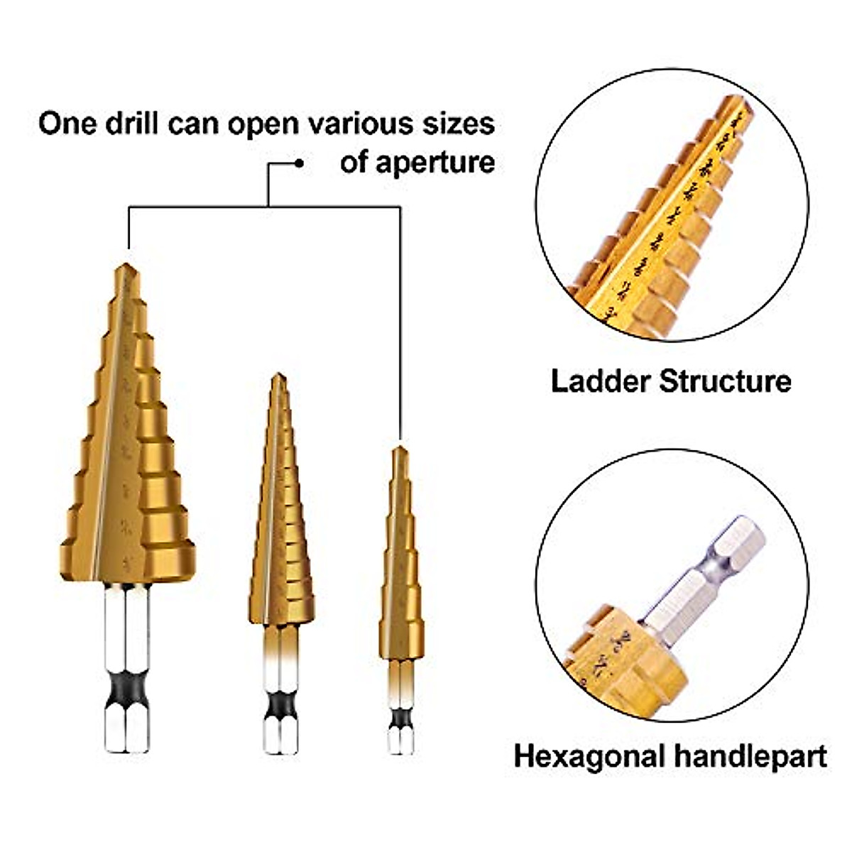 HSS Step Drill Bit Set - 3PCS 1/4" Hex Shank Titanium Coated High Speed Steel Hole Drill Cone Bits Stepped Up Unibit for Sheet Metal Hole Drilling Cutting Hole (1/8 Inch - 3/4 Inch)