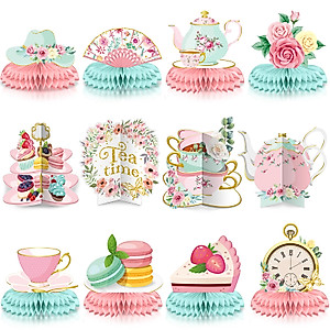 Chrisfall 12 Pcs Floral Tea Time Themed Party Decorations Spring Vintage Teapot Honeycomb Centerpieces Talking Toppers Supplies for Flower Theme Party Baby Shower Princess Birthday Wedding Supplies