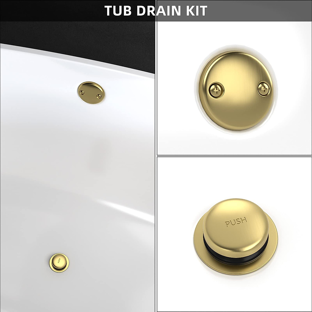 All Metal Tip-Toe Bathtub Drain Kit with Two-Hole Overflow Faceplate and Universal Fine/Coarse Thread Assembly, Bath Tub Drain Kit fits All Bathtub -Brushed Gold