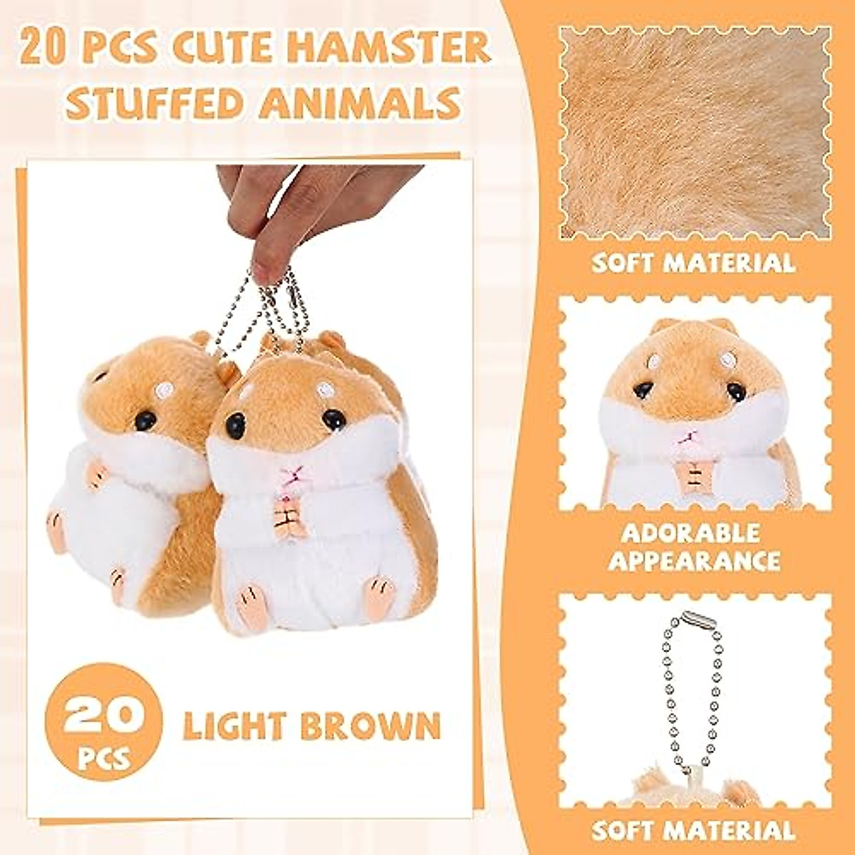 20 Pieces Small Hamster Plush Animals Cute Hamster Plush Stuffed Animal Small Stuffed Doll Keychain Key Holder Bag Pendant Party Favor for Kids Birthday Party Favors DIY Home Decor (Light Brown)