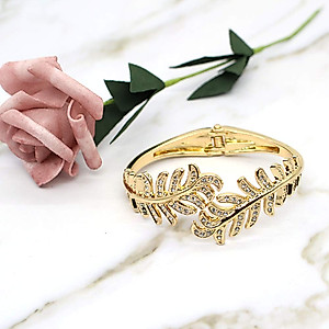 Sparkly Rhinestone Leaf Hinge Bangle Bridal Wedding Statement Bracelet Crystal Adjustable Cuff Bracelets Gold Platinum Tone Women Lover Gifts