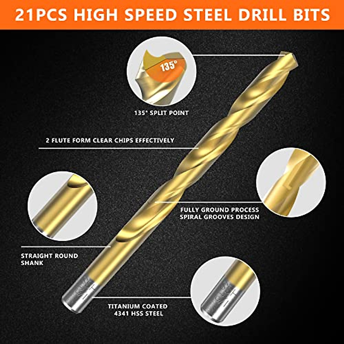 ENERTWIST 21 Pcs Titanium Twist Drill Bit Set,1/16"-1/2",135 Deg Tip High Speed Steel Drill Bit Kit for Metal/Steel/Wood/Cast Iron/Aluminum Alloy/Plastic/Fiberglass with Hard Storage