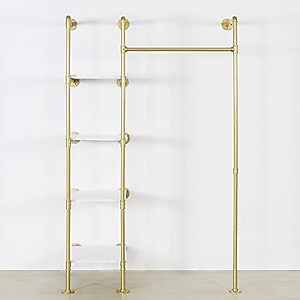 EDCB Garment Rack Heavy Duty Clothes Rack for Hanging Clothes, Metal Freestanding Closet Wardrobe Rack, Gold Industrial Pipe Clothing Rack with Shelves Closet Rods System