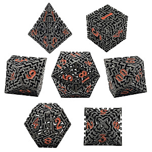 DND Metal Hollow Dice 7 Piece Set - (Free Metal Box) Maze Polyhedron Dice Suitable for Board Game RPG Math Teaching Warhammer MTG Game Dice （Pearl Gun）