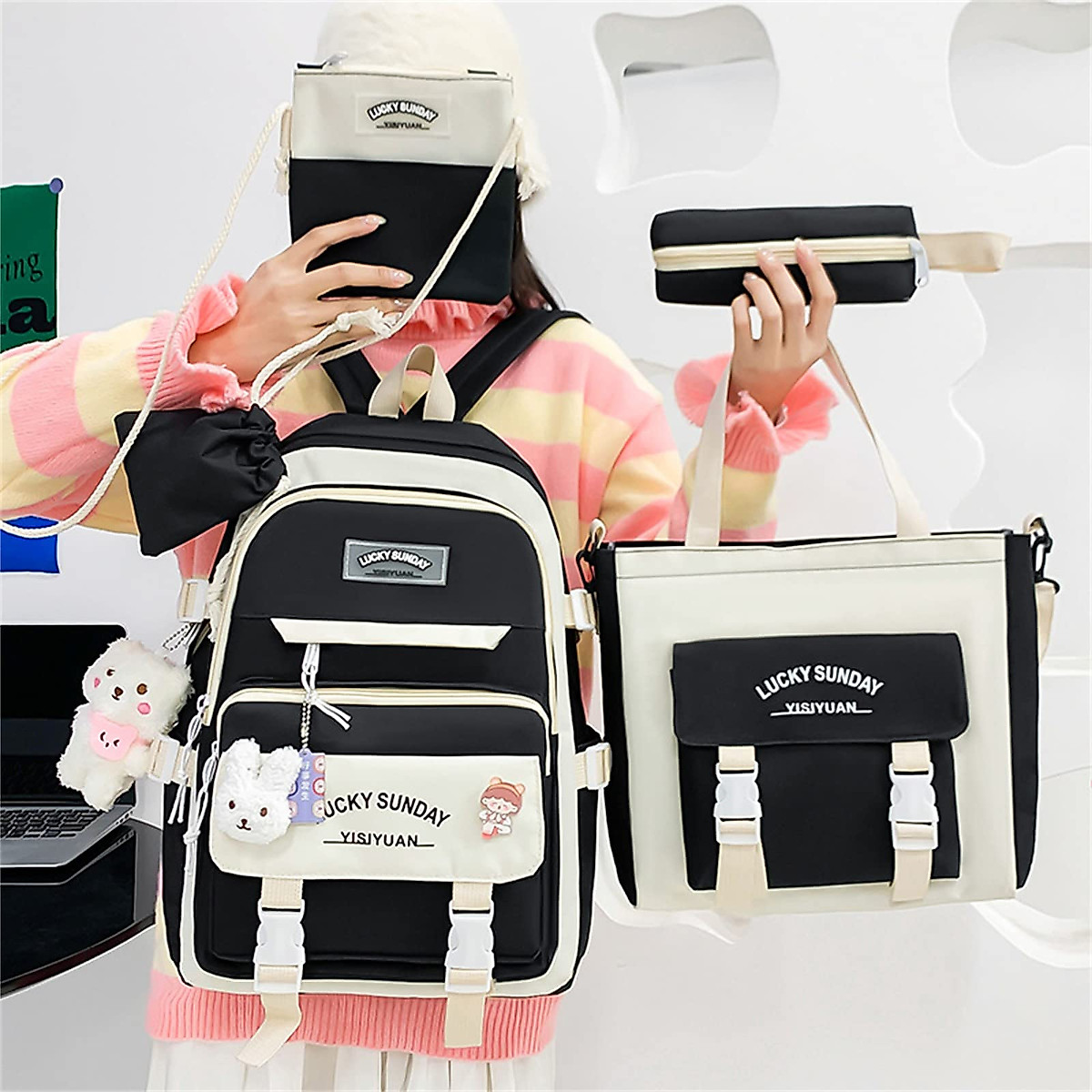 SAMAHBOE Kawaii Backpack set 5 Pcs School Backpack Cute Aesthetic Backpack Set Aesthetic School Bags Cute Bookbag with Badge& Plush Pendan,Shoulder Bag,Pencil Box,Tote Bag,Small Bag