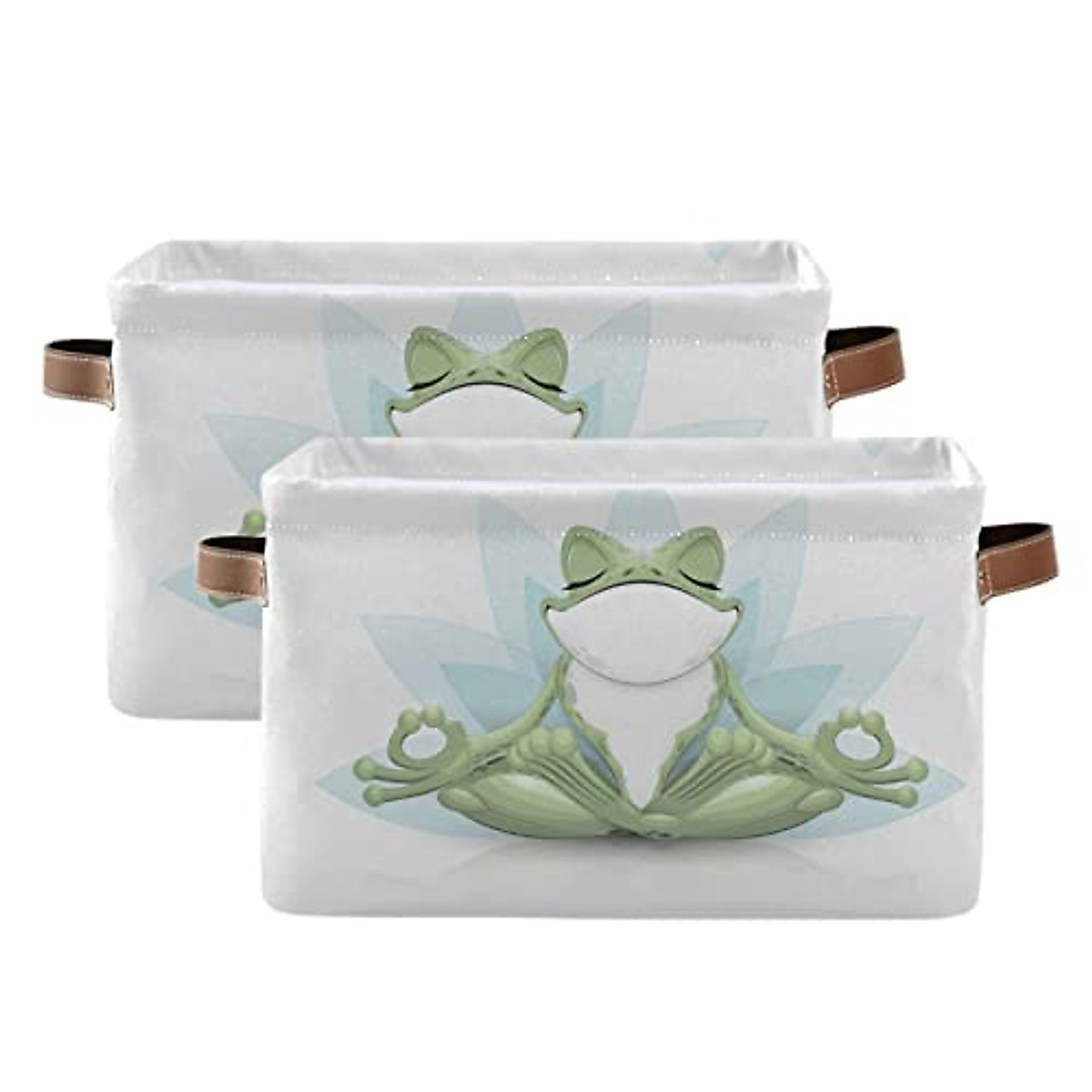 Kigai Funny Frog Doing Yoga Square Storage Basket, Portable Leather Storage Basket for Office, Furniture, 14.2 L x 10.2 W x 8.3 H In
