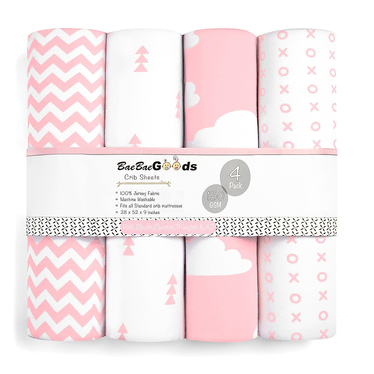 BaeBae Goods Premium Crib Sheets for Baby Girls, 4 Pack, Soft and Breathable Jersey Knit Fitted Sheet Set, Pink and White, Cute Girls Nursery Mattress Bedding, Universal Fit