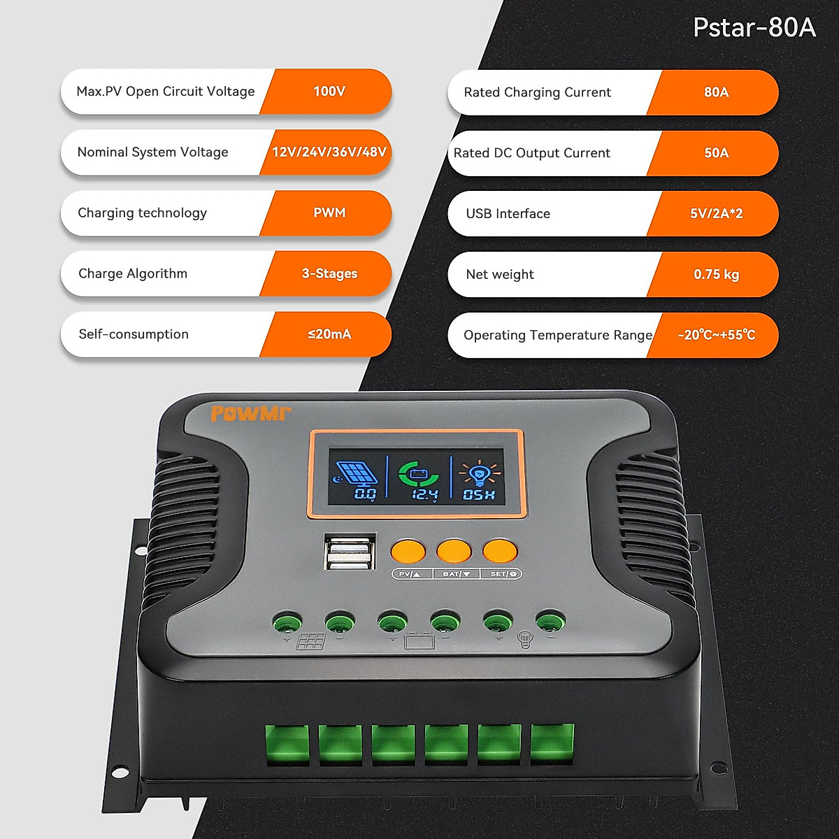 80A Solar Charge Controller 12V 24V 36V 48V Auto, Solar Regulator 80amp Paremeter Adjustable LCD Display with Dual USB fit for Sealed, LiFePO4, Gel, Flooded and Lithium Battery