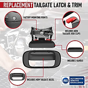 Replacement Tailgate Handle Latch and Bezel Trim with Clips - Replaces 15997911, 15228541, 15228539, 15228540 - Compatible with Chevrolet Silverado and GMC Sierra 1500, 1500HD, 2500HD, 2500, 3500