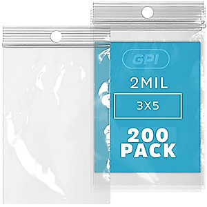 GPI - 3" x 5" - Bulk Pack of 200, 2 Mil Thick, Clear Plastic Reclosable Zip Bags, Hang Hole for Display, Durable Poly Baggies with Resealable Zip Top Lock for Storage, Packaging & Shipping