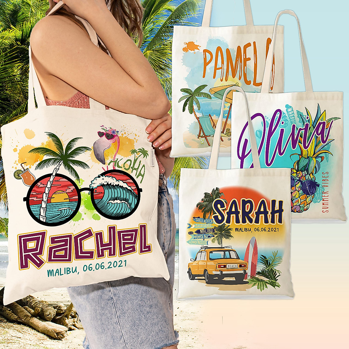 Personalized Canvas Tote Bags for Women w/Name & Text 9 Design - Customized Beach Totes Bag Girl Gift - Custom Summer Accessories Vacation Travel Grocery Shoulder Bag Cute Christmas Birthday Gifts C1