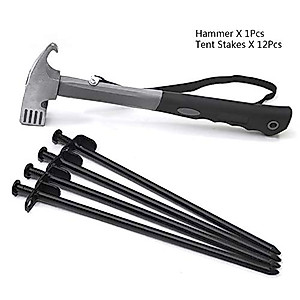 Linwnil Tent Stakes Camping Hammer Accessories Set, 12Pcs Heavy Duty 12in Tent Stakes, 1Pce Camping Hammer (Gray) Forged Steel Unbent Tent Pegs-Ideal Camping Stakes for Rocky/Hard Places