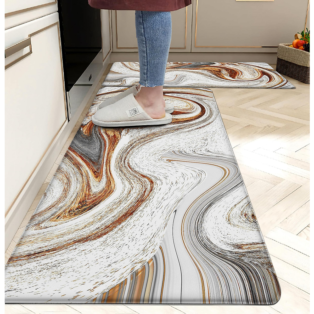Kitchen Mats for Floor Anti Fatigue Floor Marble Cushioned Memory Foam Non Slip PVC Leather Padded Comfort Standing Rugs Set of 2, Abstract Golden Swirl Design, C1