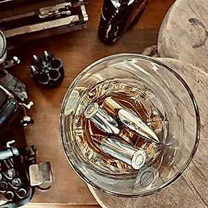 WHISKEY STONES EXTRA LARGE 6 PCS. STAINLESS STEEL SILVER BULLETS with Revolver Barrel Base Laser Engraved Ice Cubes Chillers Reusable Chilling Rocks Stone Gift Set for Men Father's Day Military Man.
