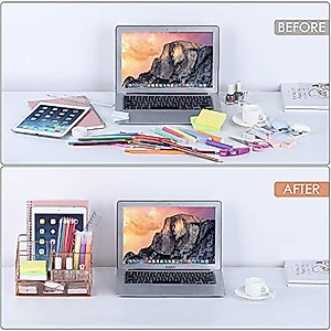 POPRUN Desk Organizers and Accessories for Women with Drawer, Cute Desk Supplies and Stationary Oganizer for Home and Office Desk Decor, Metal Mesh Desk Organization and Storage (Rose Gold)