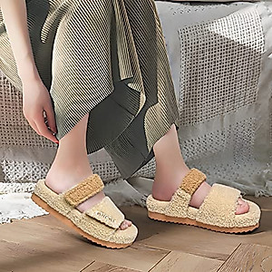 ONCAI Womens Open Toe Platform Slippers,Fluffy Arch Support Sherpa Slides,Faux Fur Sandals with Memory Foam Footbed and Adjustable Strap Beige US Size 9