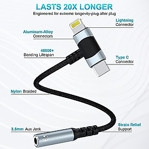 Lightning & USB-C to 3.5 mm Headphone Jack Adapter 2-IN-1 Headphone Adapter for iPhone Type C to 3.5mm Female Headphone Jack Adapter for ipad/iPhone15/14/13/12/11/8/7/Samsung/Pixel-MFI Certified